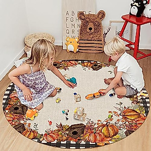 Thanksgiving Autumn Round Area Rug 3ft,Washable Outdoor Indoor Carpet Runner Rug for Bedroom,Kitchen,Living Room,Office,Area+Rug Small Bath Door Desk Floor Mat Farmhouse Pumpkin Mushroom Leaves