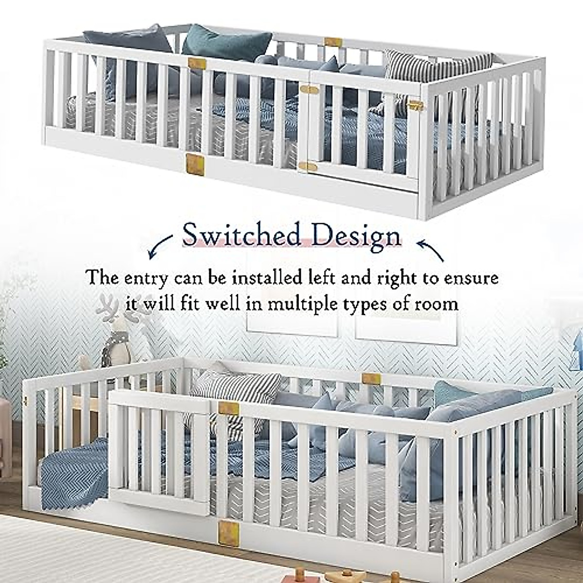 Tatub Twin Floor Bed with Safety Guardrails and Door, Montessori Floor Bed for Kids, Wood Kids Floor Beds Frame, Door Can Install Left and Right, Twin-White