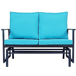 HARBOURSIDE Patio 2 Person Glider Bench with Turquoise Cushion, Ourdoor Rocking Loveseat Couch Rattan & Steel Frame Outside Furniture for Garden Porch Yard