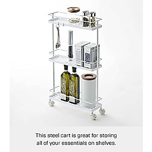 Yamazaki Home Rolling Kitchen Island Three Tier Metal Storage Cart - Portable Organizer Shelves Utility Cart Steel One Size White