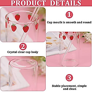 300ML Glass Cup with Straw, Clear Heat-Proof Water Cup Cute Strawberry Pattern Glasses Bottle for Water Milk Tea Home Office(1pcs)