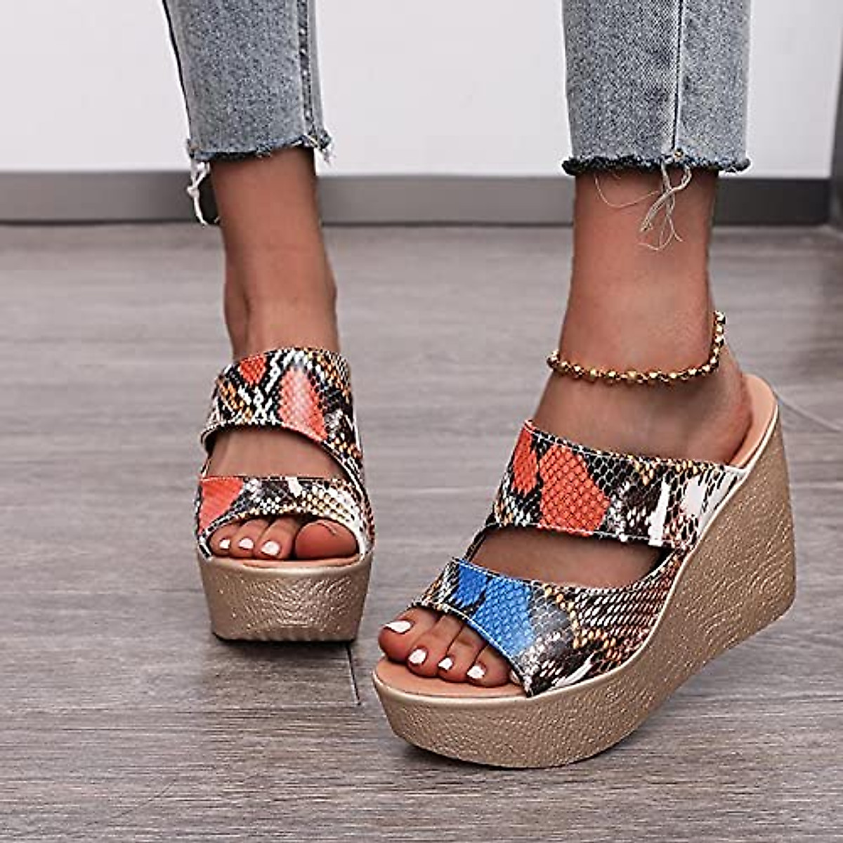 Snake Print Espadrilles Sandals for Women, Platform Wedges Sandals Platform Casual Summer Heels Open Toe Sandals (Brown, 37)