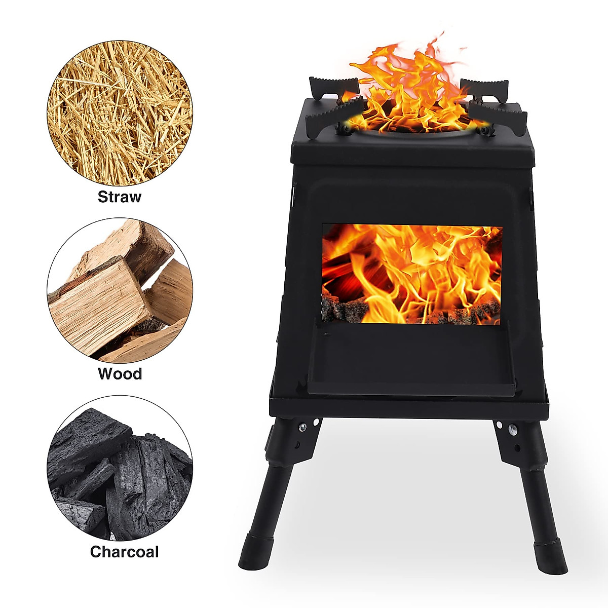 Lineslife Wood Burning Camp Stove, Portable Cast Iron Camping Wood Stove, Black Woodstove with Carrying Case for Backpacking Outdoor Cooking, Large
