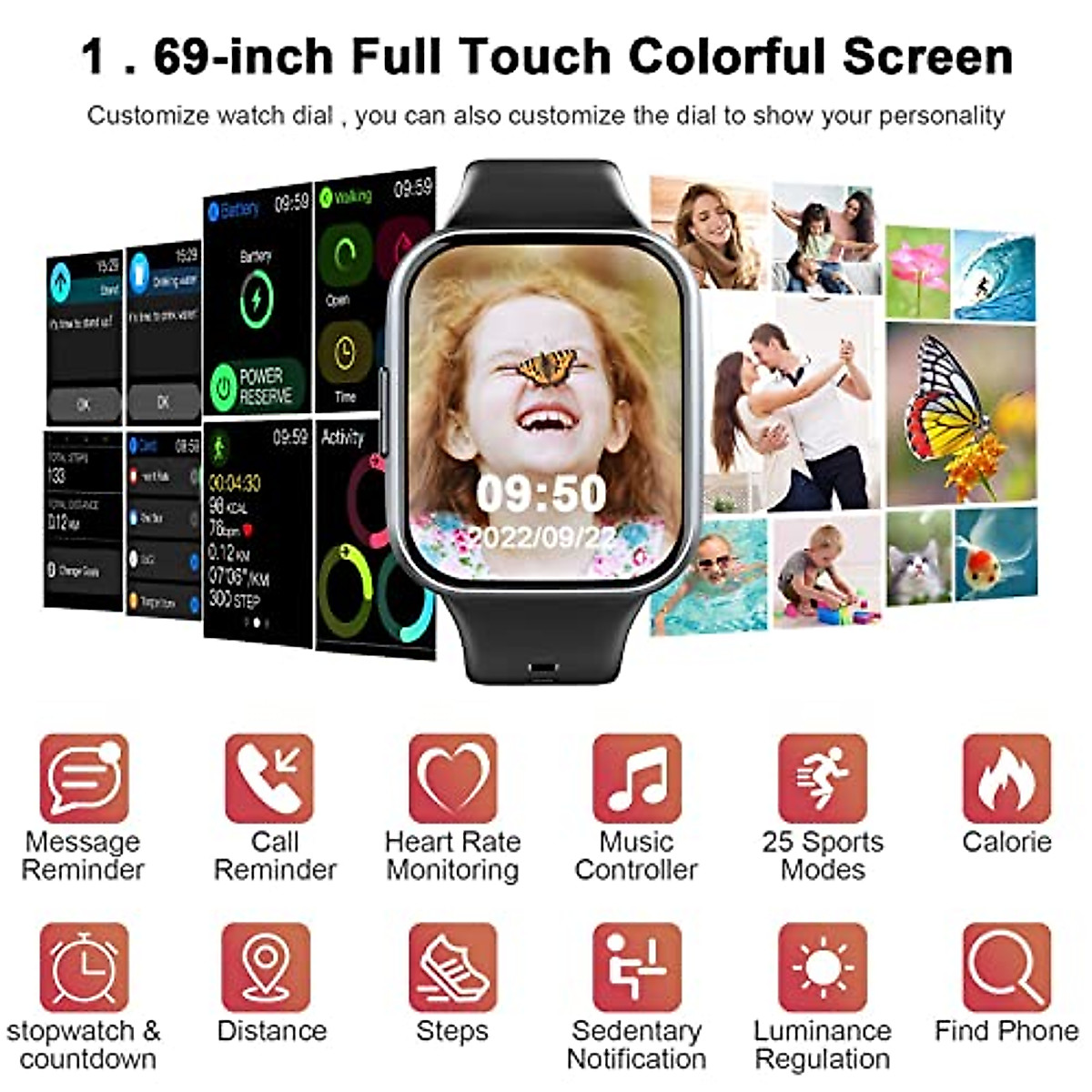 Smart Watch for Men Women, 2022 Fitness Tracker 1.69" Touch Screen Smartwatch Fitness Watch 25 Sports IP68 Waterproof, Heart Rate/Sleep Monitor/Pedometer/Calories, Activity Tracker for Android iPhone