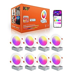 Kaqur Smart Recessed Lighting 4 Inch, 10W 1000lm RGBCW Smart WiFi Recessed Lights with Junction Box, Smart LED Ceiling Light Work with Alexa/Google Assistant, Smart Can Lights APP Control, 8 Pack