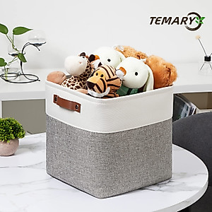 Temary 12 Inch Storage Baskets Foldable Fabric Storage Cubes 4PCs Storage Bins Organizer with Handles, Baskets for Organizing Clothes, Towels (White & Grey, 12 x 12 x 12)