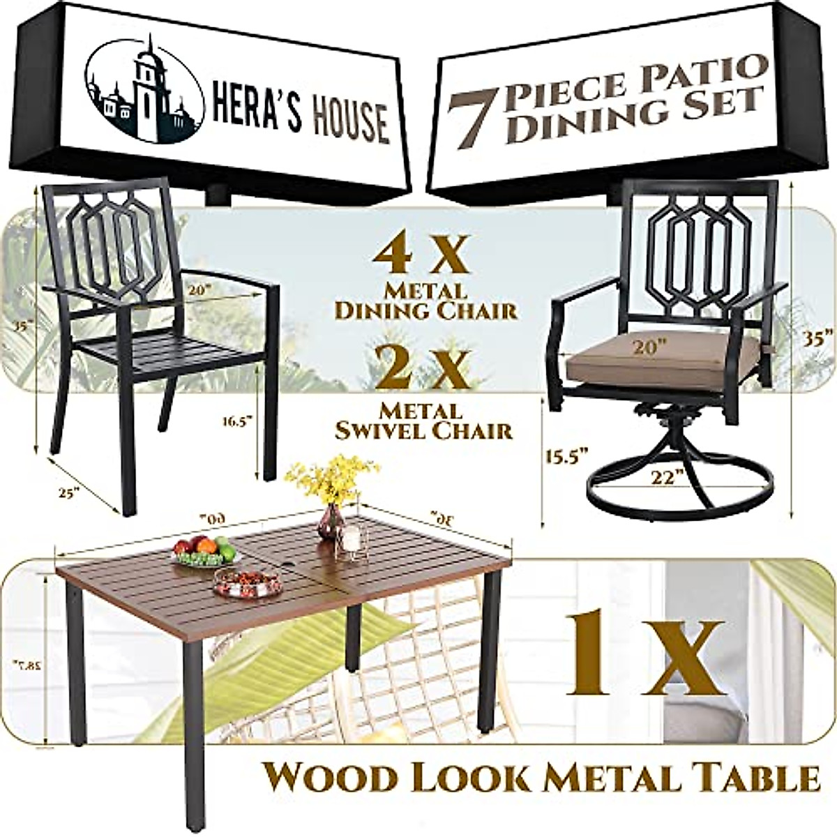 HERA'S HOUSE 7 Pieces Patio Dining Set, 60" Wood Look Table, 4 Metal Chairs and 2 Swivel Chairs, 6-Person Outdoor Table and Chairs Set for Lawn Garden Backyard