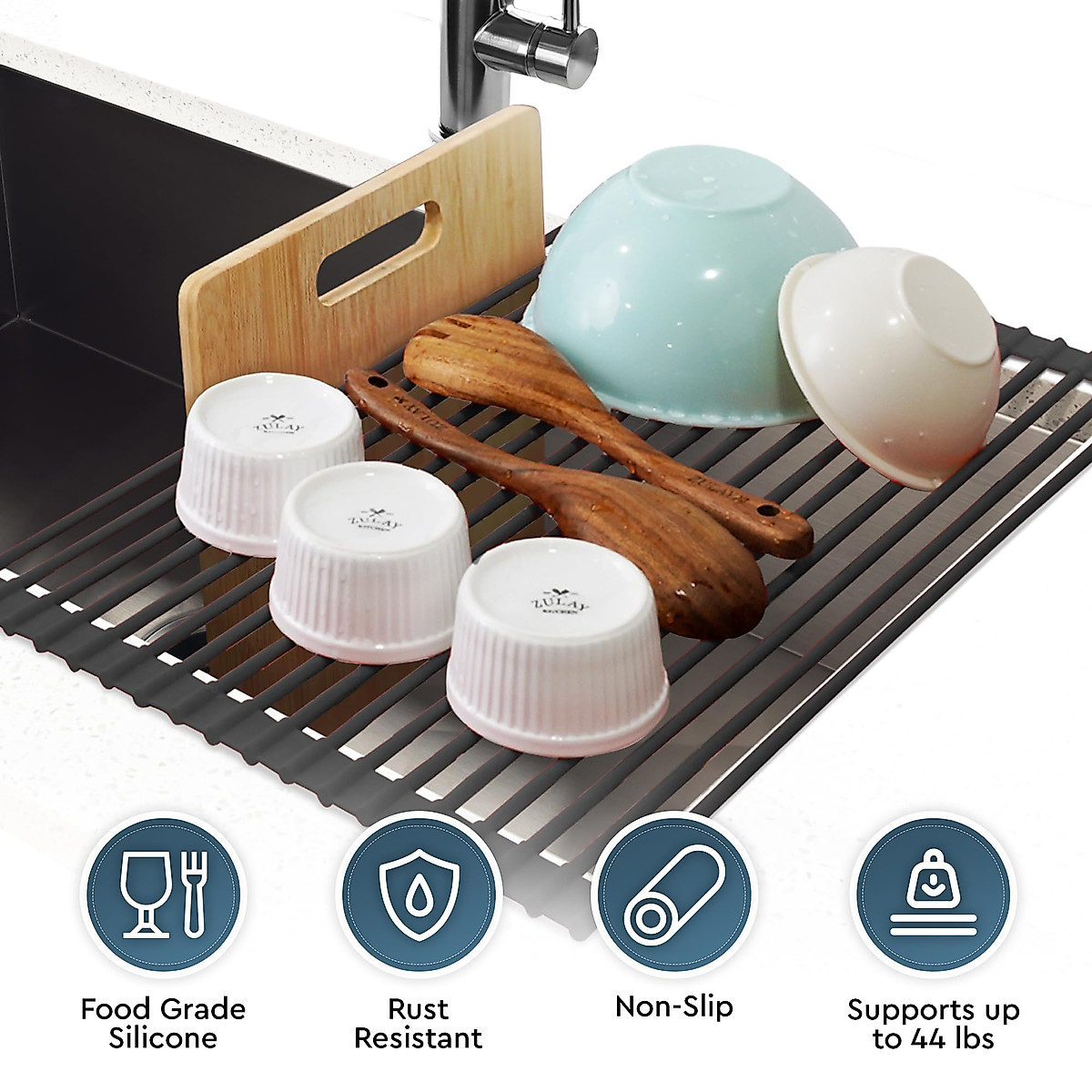 Zulay 20.5" x 13" Roll Up Drying Rack - Silicone-Coated Stainless Steel Over Sink Dish Drying Rack - Multipurpose Foldable Sink Rack for Kitchen Counter - Non-Slip, Heavy-Duty Drying Rack (Black)