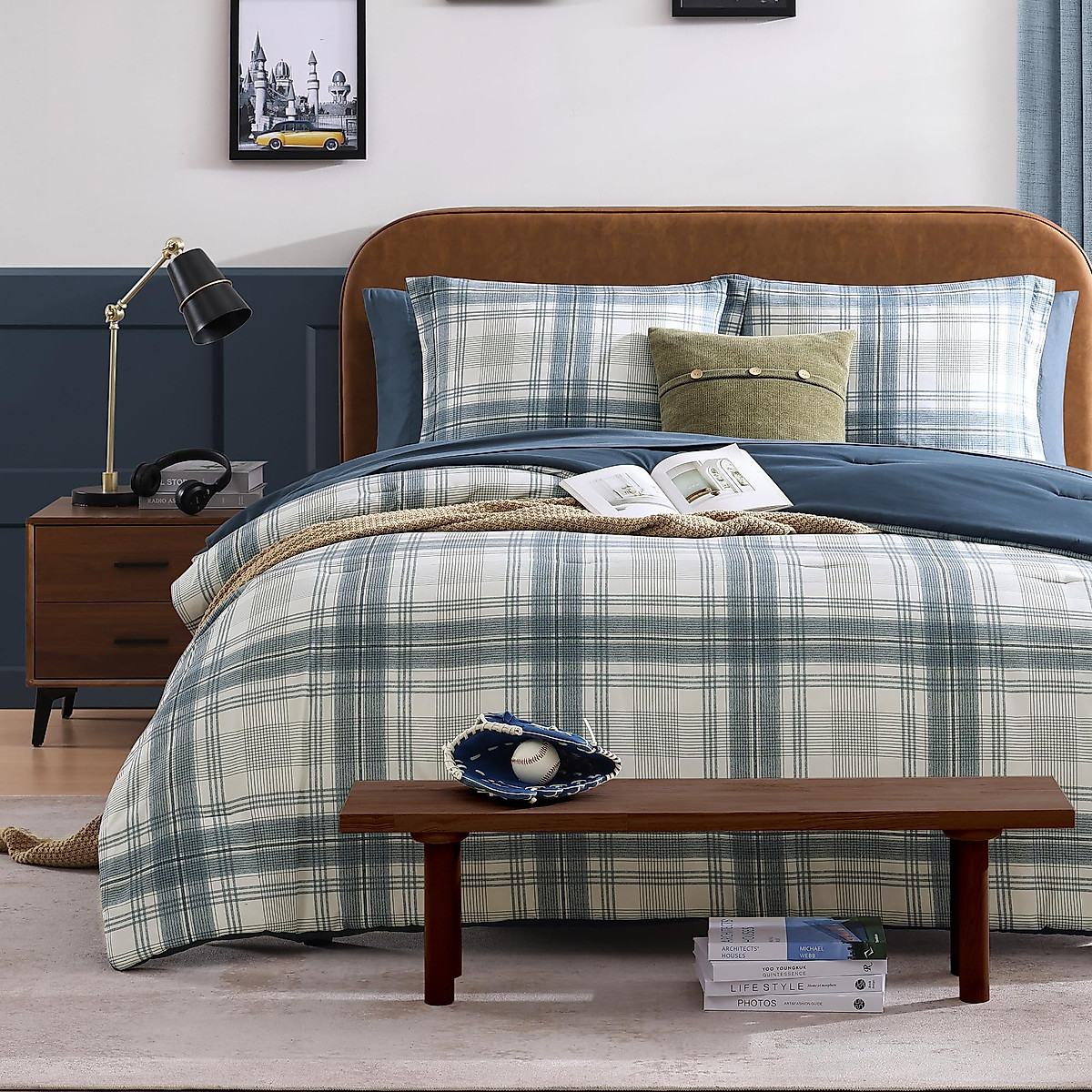 AMBERSPACE Blue Twin XL Comforter Set, Plaid Twin Comforter Set for Boys & Girls,Classic Homestead-Style Twin Bed Set with Sheets and Comforter Set