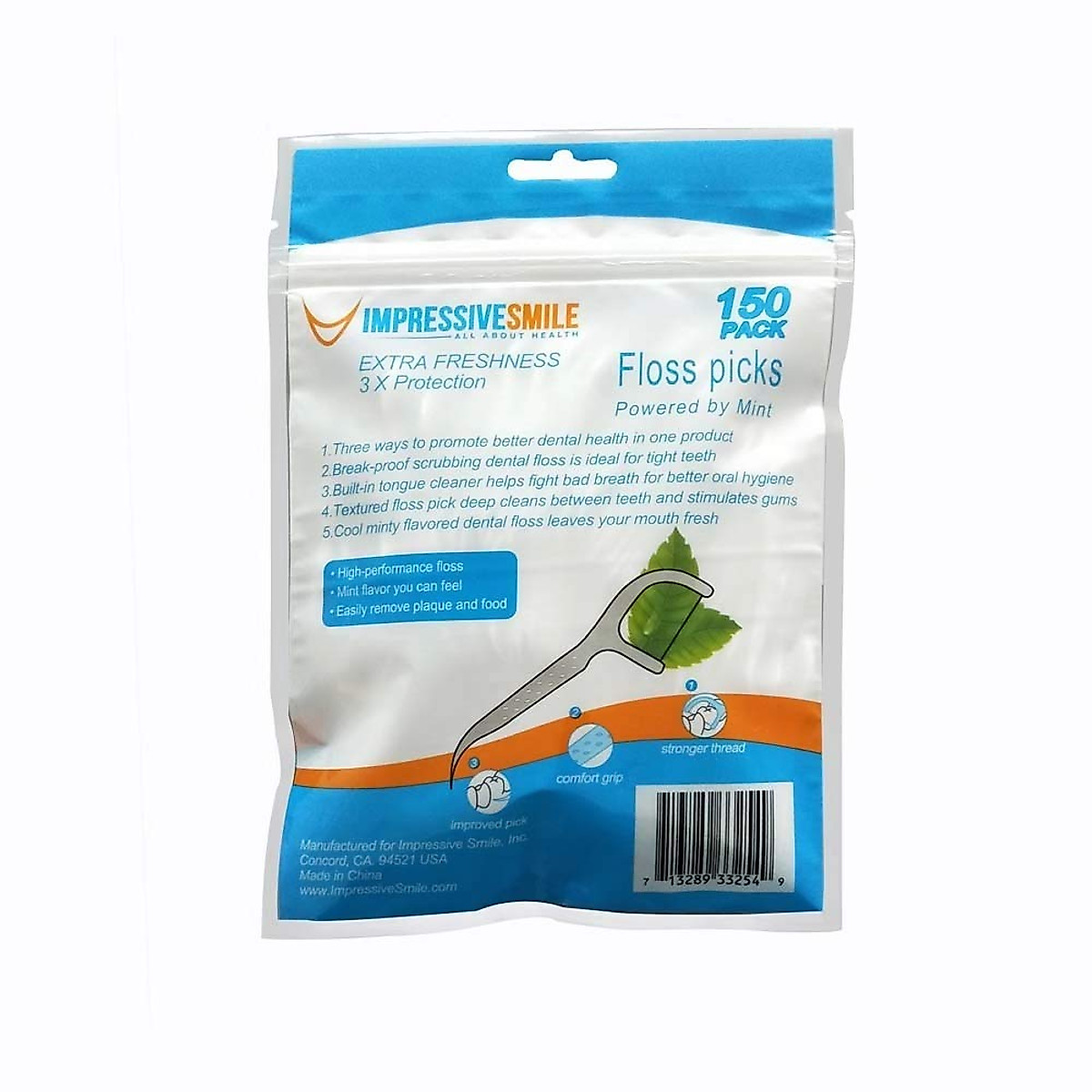 Impressive Smile Floss Picks Mint Flavor | Extra Strong | 150-Count | 1-Pack