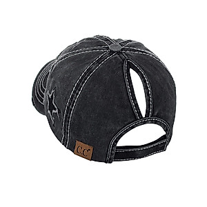 C.C Ponycap Messy High Bun Ponytail Adjustable Glitter Star Distressed Baseball Cap Hat, Black