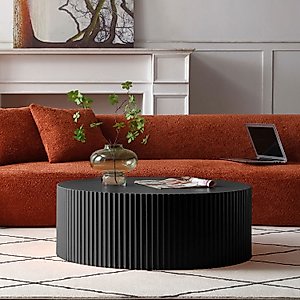 Round Coffee Table, Modern Black Side Table End Table for Living Room, Wood Circle Drum Coffee Table with Handcrafted Relief, Contemporary Living Center Table