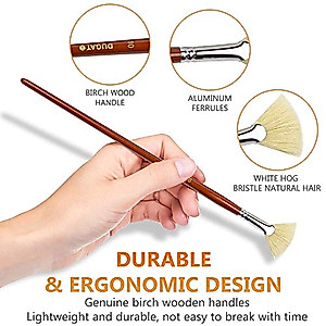 DUGATO Artist Fan Paint Brush Set of 7, White Hog Bristle Natural Hair Anti-Shedding Brush Tips, Long Wooden Handle for Comfortable Holding, Great for Acrylic Watercolor Oil Painting