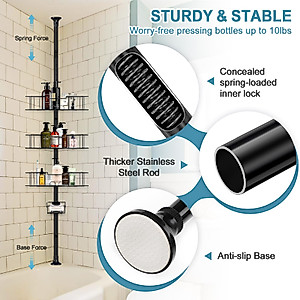 DIOVPLX Rustproof Shower Caddy Tension Pole, Stainless Steel Bathroom Bathtub Corner Shower Rack Shelves Storage Shampoo Holders for Inside Shower, 39"-125" Adjustable Shower Caddy Pole Black