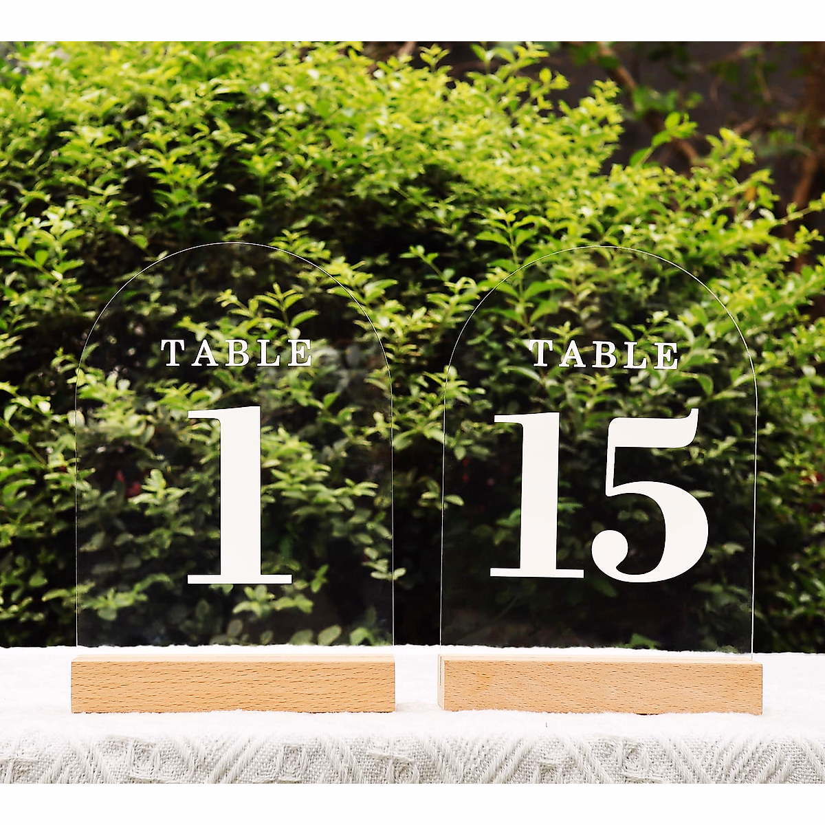 ORGANTEAM Clear Arch Wedding Table Numbers with Wooden Stands 1-15, 5x7" Acrylic Signs and Holders, Perfect for Centerpiece, Reception, Decoration, Party, Anniversary, Event (Clear, Number 1-15)