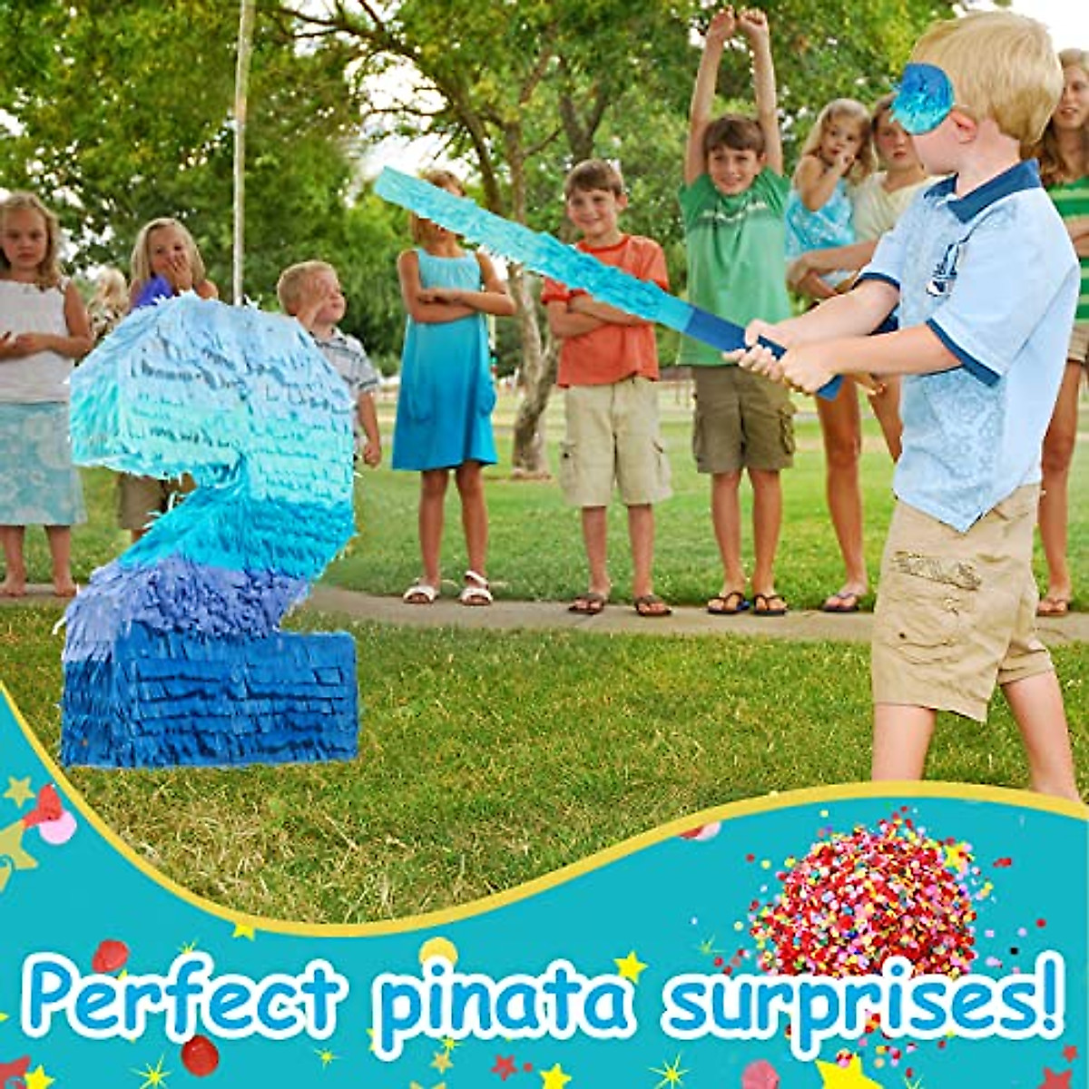 Number 2 Pinata with Stick Blindfold Confetti, Gradient Blue Pinata for Kids 2nd Birthday Party Large Blue Pinata for Boys Girls Birthday Anniversary Celebration Decoration Supplies (Number 2)