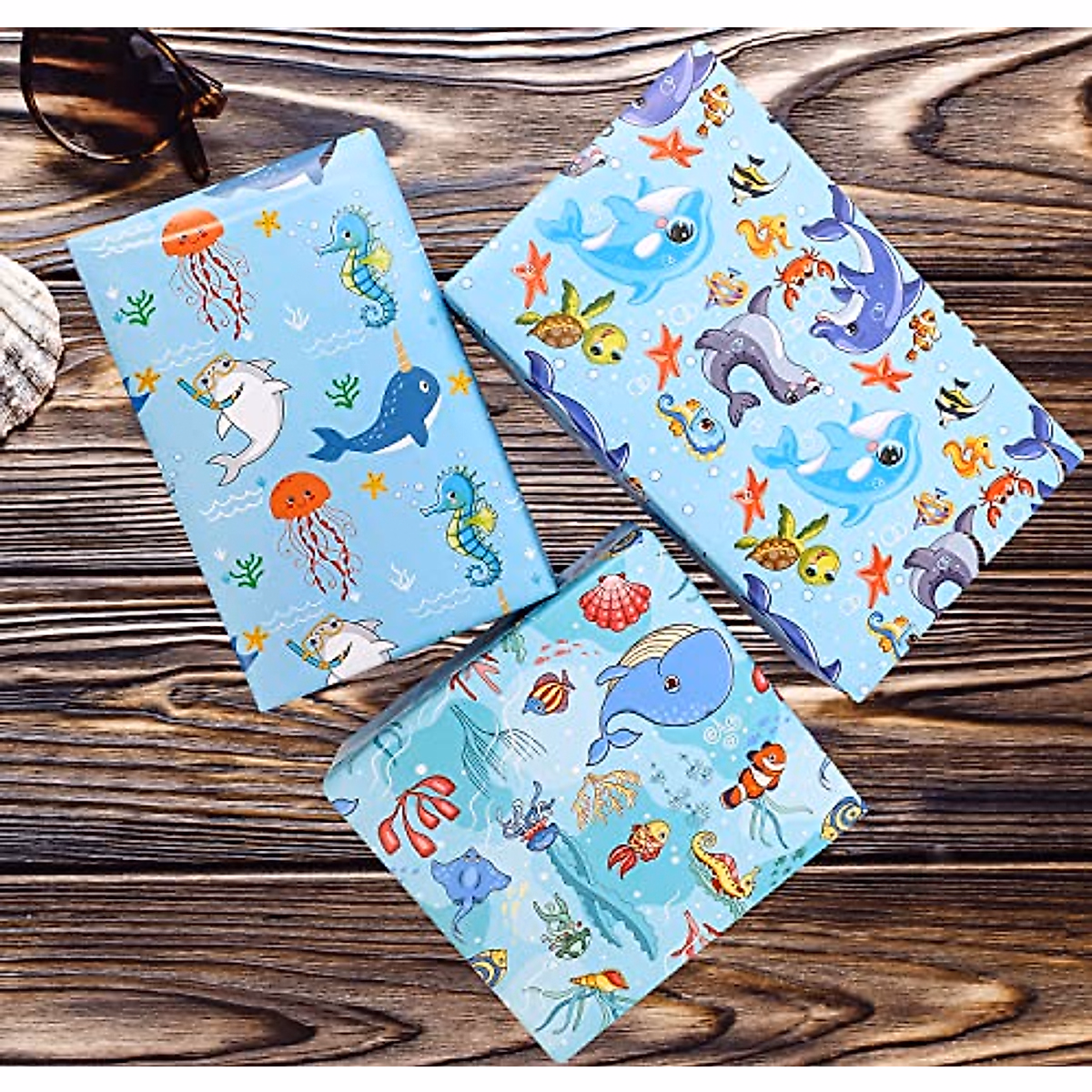 BOLIANNE Ocean Wrapping Paper - Birthday Wrapping Paper for Boys Girls Kids with Cute Whales Dolphins Fishes, 6 Large Sheets Sea Blue Gift Wrap for Baby Shower, Folded Flat, 27 X 37 Inch