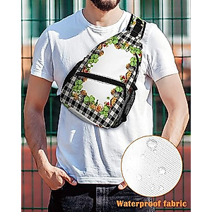 Gsypo Sling Backpack, St.Patrick's Day Shamrocks Gold Black Buffalo Plaid Waterproof Lightweight Small Sling Bag, Travel Chest Bag Crossbody Shoulder Bag Hiking Daypack for Women Men