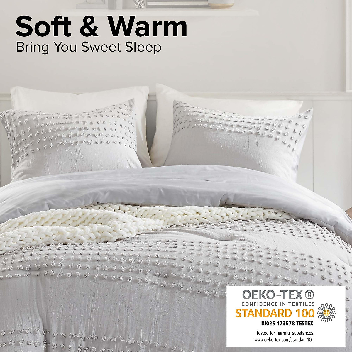 Comfort Spaces Cotton Comforter Set Jacquard Pom-Pom Tufts Design, Down Alternative, All Season Modern Bedding, Matching Shams, Full/Queen, Phillips, Grey, 3 Piece