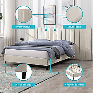 CECER California King Bed Frame with Upholstered Extended Headboard, Vertical Tufted Velvet Bed Platform Furniture for Bedroom/Easy Assembly/Solid Wood Slats Support/No Box Spring Needed - Beige