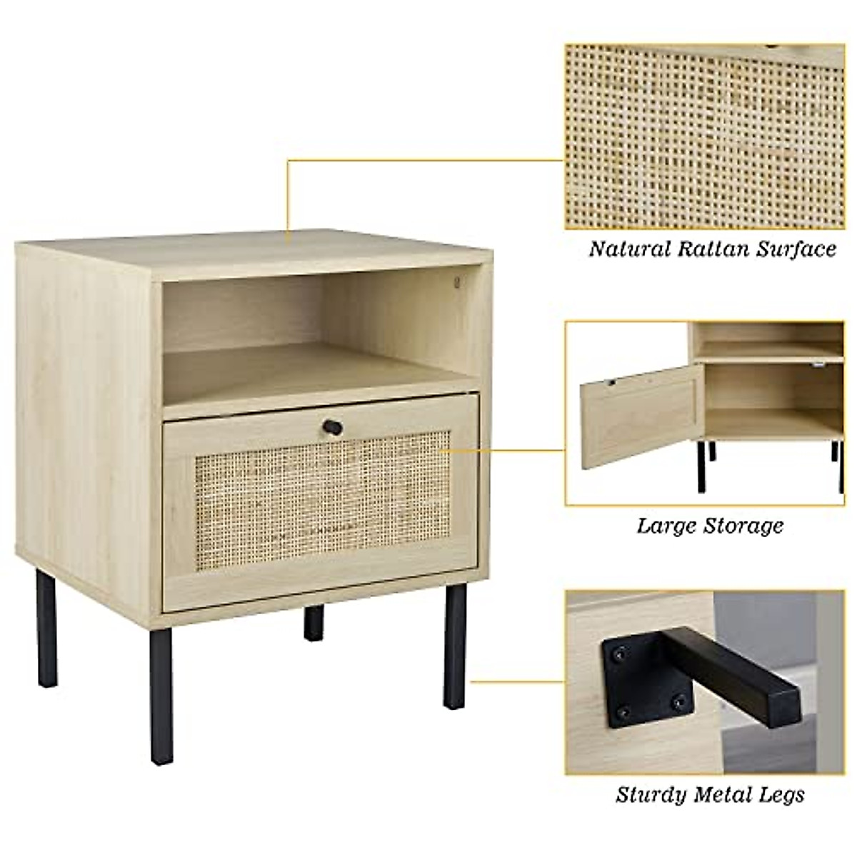 Natural Rattan Nightstand, End Table, Bedside Table, Modern Side Table with 1 Hand Made Decorated Door for Living Room, Bedroom