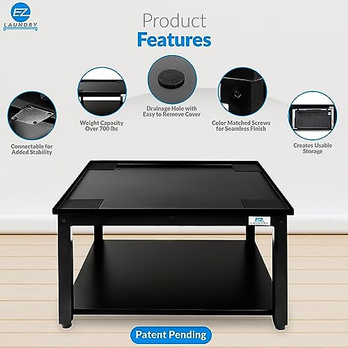 EZ Laundry | Upgraded 29” Universal Pedestal – 700lbs Capacity, Raises 16” with Built-in Drain Pan + Hose, Adjustable Feet, Anti-Vibration, Steel & Storage Shelf for Washer & Dryer (Black)