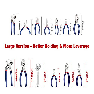 WORKPRO Large Pliers & Wrench Set 6-Piece (10" Water Pump Pliers, 10" Slip Joint Pliers, 8" Long Nose Pliers, 8" Linesman Pliers, 6" Diagonal Pliers, 8" Adjustable Wrench) for DIY & Home Use, W001329A