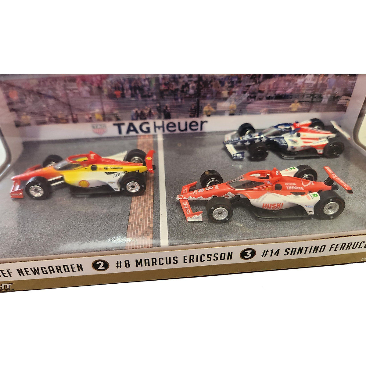 Greenlight 11581 2023 Indianapolis 500 Podium 3-Car Set #2 Josef Newgarden, 8 Marcus Ericsson, 14 Santino Ferrucci 1:64 Scale Indy 500 in Diorama Display Box