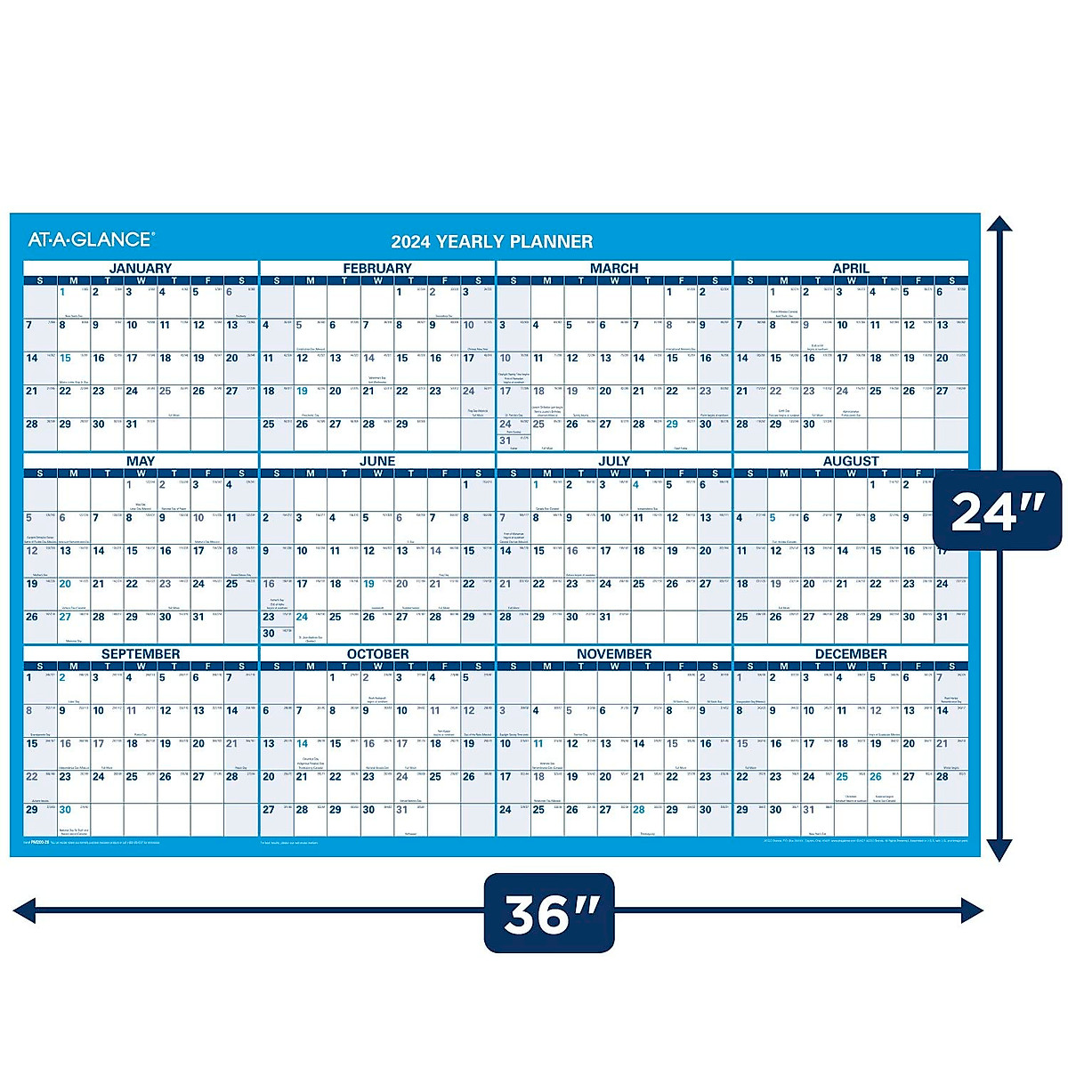 AT-A-GLANCE 2024 Erasable Calendar, Dry Erase Wall Planner, 36" x 24", Large, Horizontal, Reversible for Planning Space" (PM2002824)