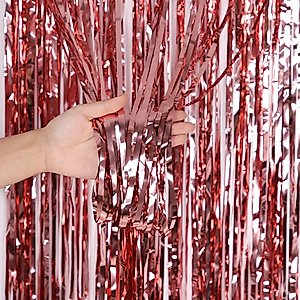 WODCM 3.3 x 6.6 ft Red Feet Rose Gold Foil Fringe Backdrop Curtains Tinsel Streamers Birthday Party Decorations Festival Party Streamers for Graduation Baby Shower Gender Reveal Disco Party