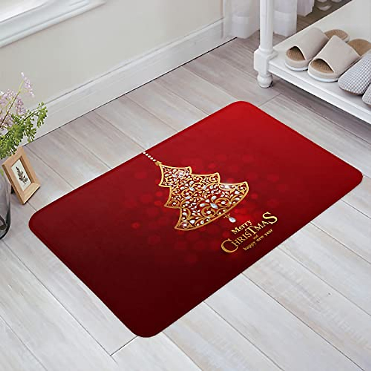 Christmas Bath Rugs Xmas Trees Diamond Sponge Doormat Absorbent Non Slip Backing Durable Soft Flannel Mat Red Christmas Memory Foam Mats Carpet for Bathroom Kitchen, 20 x 32 inch