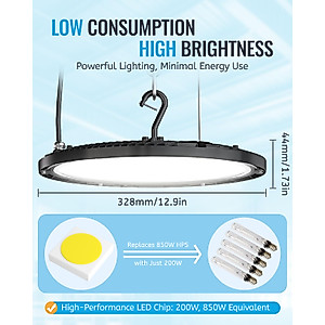 Fullmeii 200W 6 Pack UFO LED High Bay Light 28,000lm 5000K LED High Bay Lights with UL Listed US Hook 5' Cable Alternative to 650W MH/HPS for Gym Factory Barn Warehouse