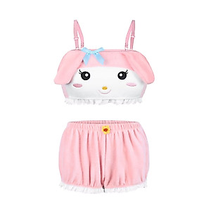 Landofgenie Cozy Womens Pajamas Tank Top and Shorts Set Fuzzy Lounge Set Women Cosplay Lingerie Pink Bunny XL