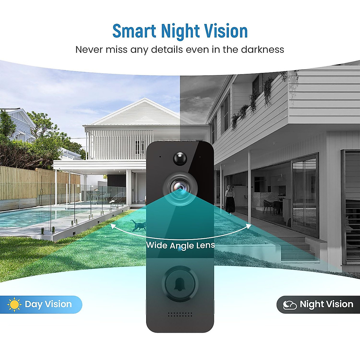 BITEPASS Smart Video Doorbell Camera Wireless with Ring Chime, AI Human Detection, 2-Way Audio, HD Live View, 2.4G WiFi, Night Vision, Cloud Storage, Battery Powered, Indoor Outdoor Surveillance