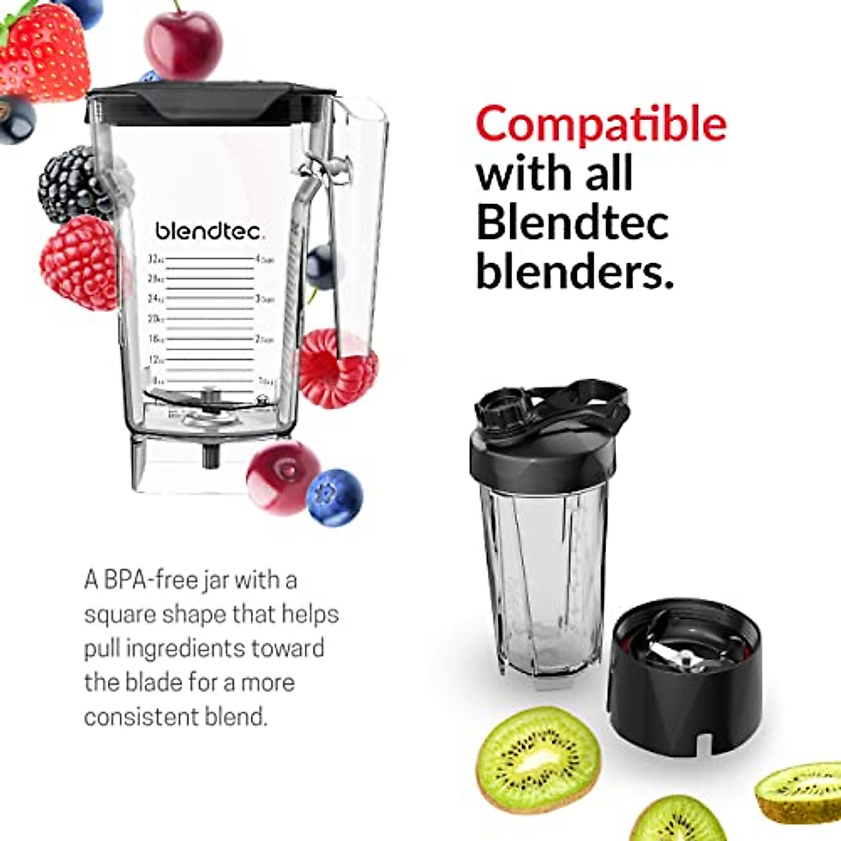 Blendtec 75 oz FourSide Jar - Four-Sided Blender Jar Compatible with Most Blendtec Blenders - 32 oz Blending Capacity - Clear
