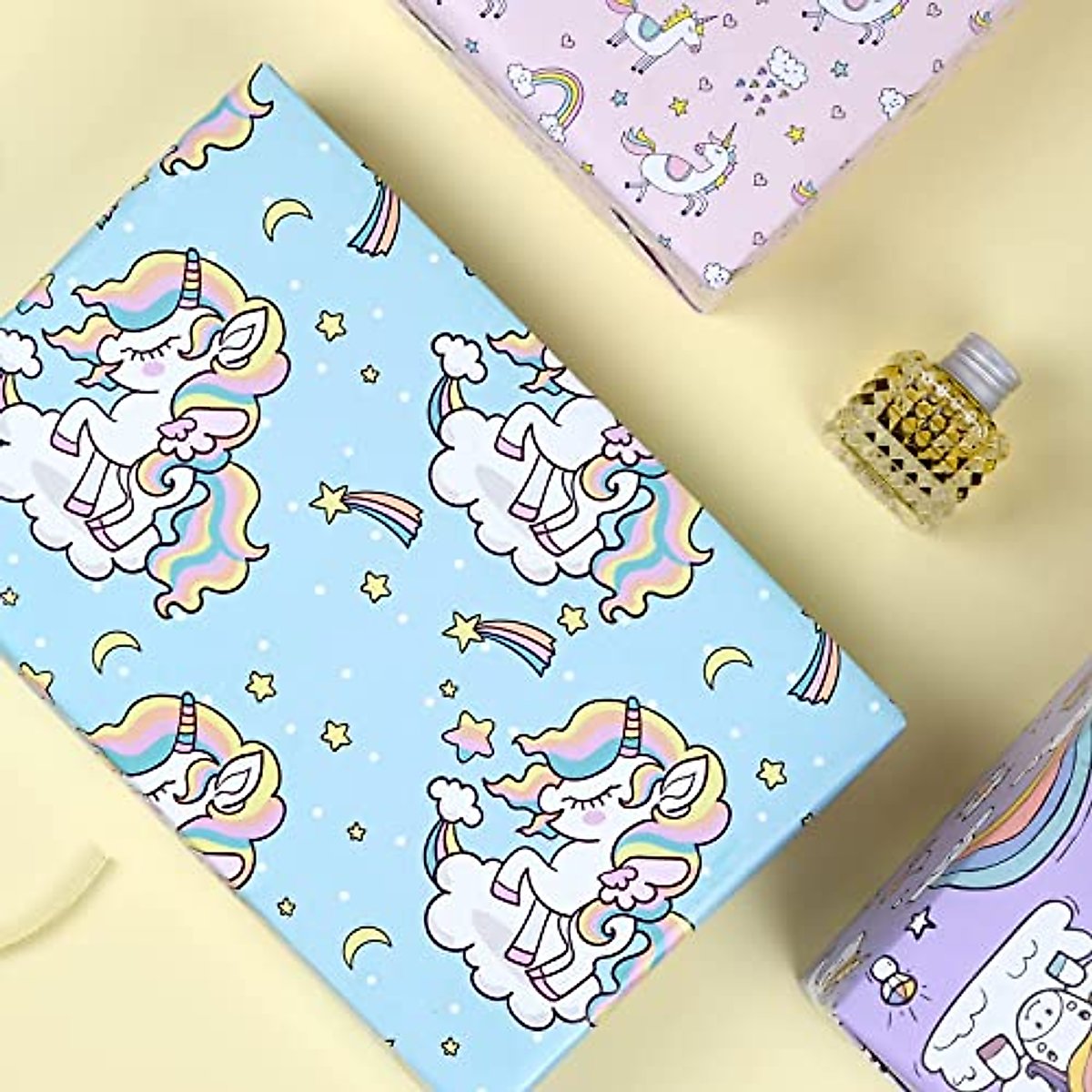FIEHALA Flat Wrapping Paper Sheets - 8 Sheets with 4 Unicorn Patterns - Pre Cut & Folded Flat Design (20 inches × 27.5 inches per sheet)