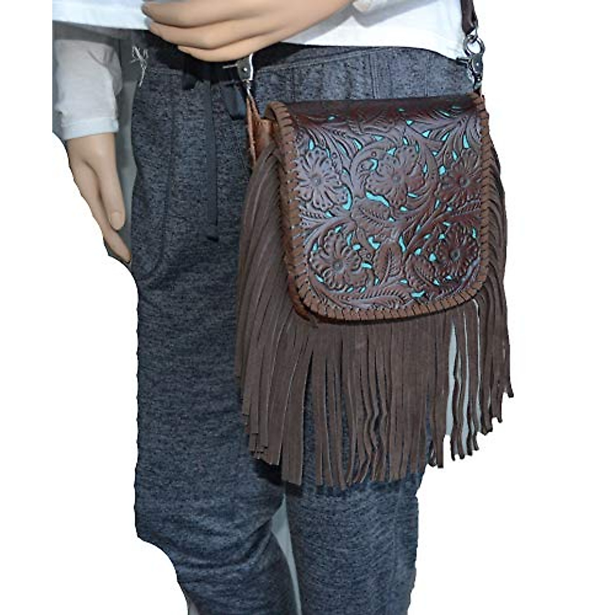 western floral tooled 100% leather fringe cross body purse (brown) Small