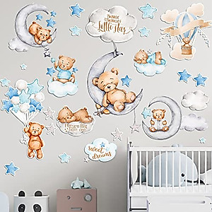 12 Sheet 78 Pcs Bear Wall Decals Decor, Sweet Dreams Little One Cloud Balloon Bear Boys Wall Decor Cute Bear Sleeping on The Moon Stars Wall Sticker for Kids Baby Room Nursery Decor