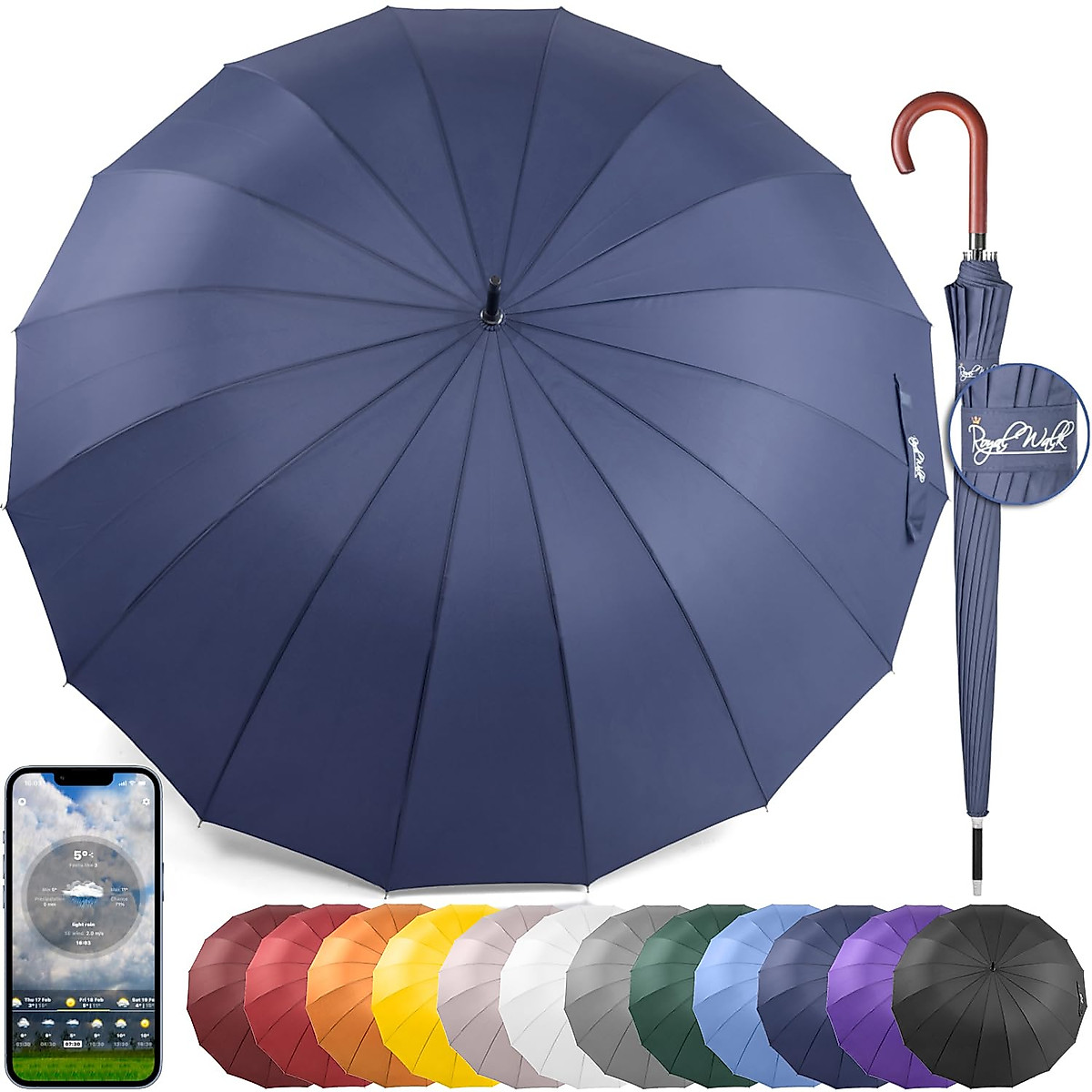 Royal Walk Large Umbrella for 2 Persons, Navy Blue, 54 Inch, Windproof, Auto Open, Wooden Handle, Drying, Strong 16 Ribs, Travel 120cm