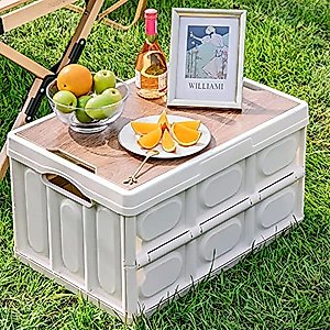 submatches 56 Quart Plastic Storage Tote, Collapsible Storage Bin with Wooden Lid, Tough Plastic Storage Container with Waterproof Bag, Foldable&Stackable Storage Crate for Car, Toys, Camping, Picnic
