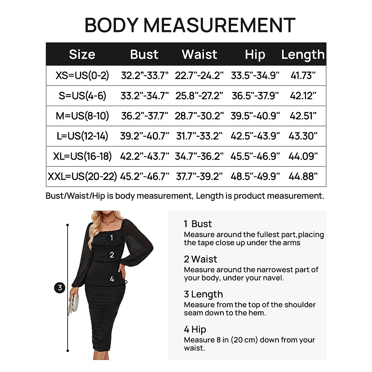 ZESICA Women's 2024 Sexy Ruched Bodycon Midi Dress Long Puff Sleeve Square Neck Backless Cocktail Party Wedding Dresses,Black,Medium