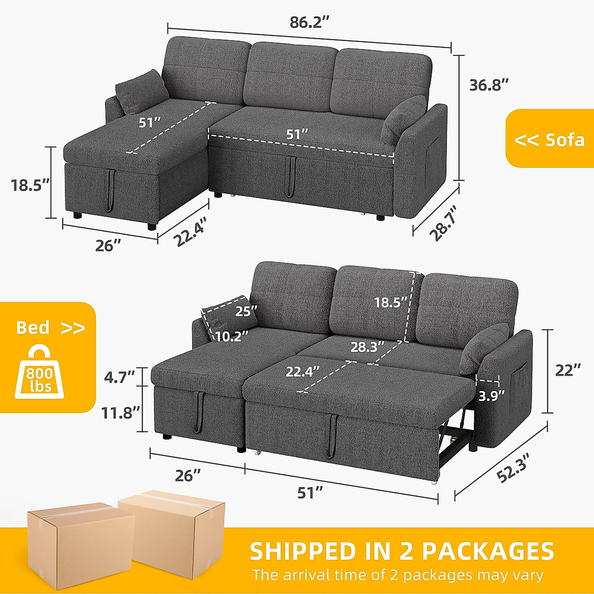 YITAHOME 86" Sleeper Sofa, 2 in 1 Convetible Sofa Bed with Pull Out Couch Bed and Storage Chaise,L-Shape Sectional Sofa for Living Room, Teddy Fleece, Grey