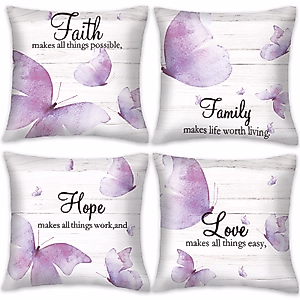 Wesiti 4 Pcs Butterfly Throw Pillow Covers 18 x 18 Inches Decorative Gifts Cushion Cover Home Family Faith Hope Love Words Pillowcase Square Couch Pillow Vintage Style Summer Home Decoration (Purple)