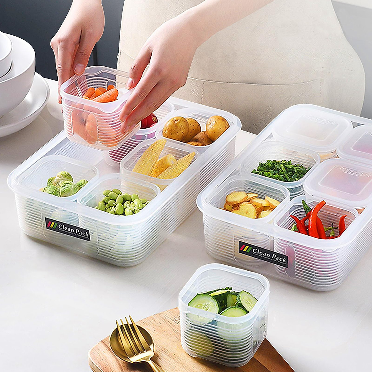 CD HOME 6 Compartment Snackle Box Container for Fridge, Divided Veggie Tray with Lid, Clear Refrigerator Organizer Bins Plastic Food Storage Containers for Snack, Fruit, Vegetable, Fish, Meat