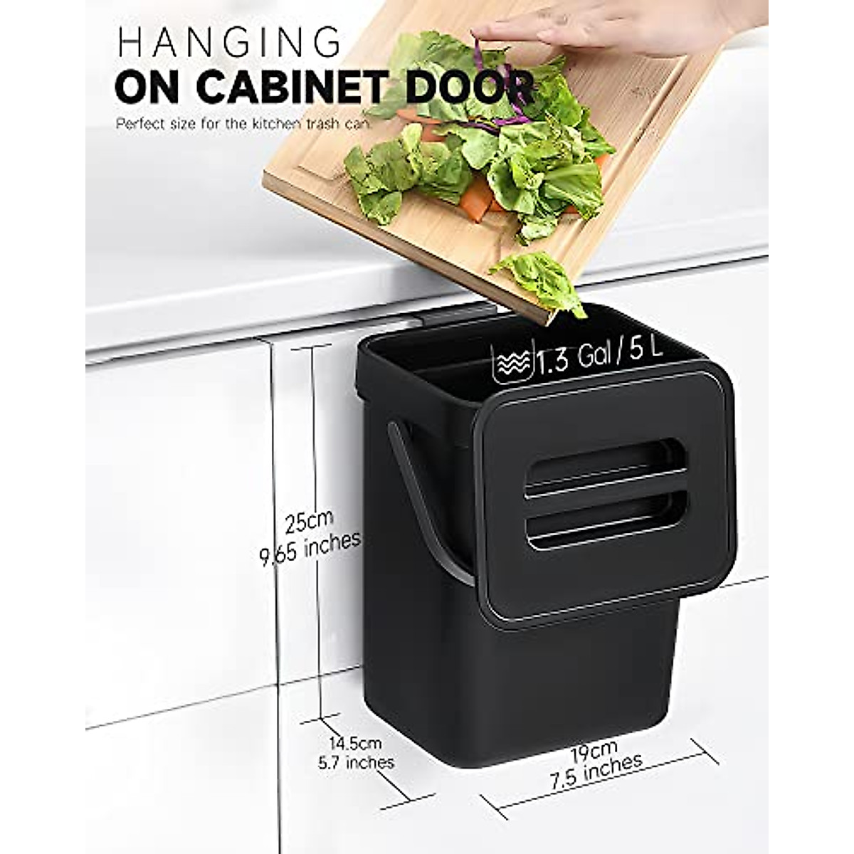 MONGTINGLU Countertop Compost Bin - 1.3 Gallons Hanging Small Trash Can with Lid for Kitchen Bathroom, Under Sink Kitchen Trash Can, Indoor Counter Compost Bucket with Lid, 5L(Black)