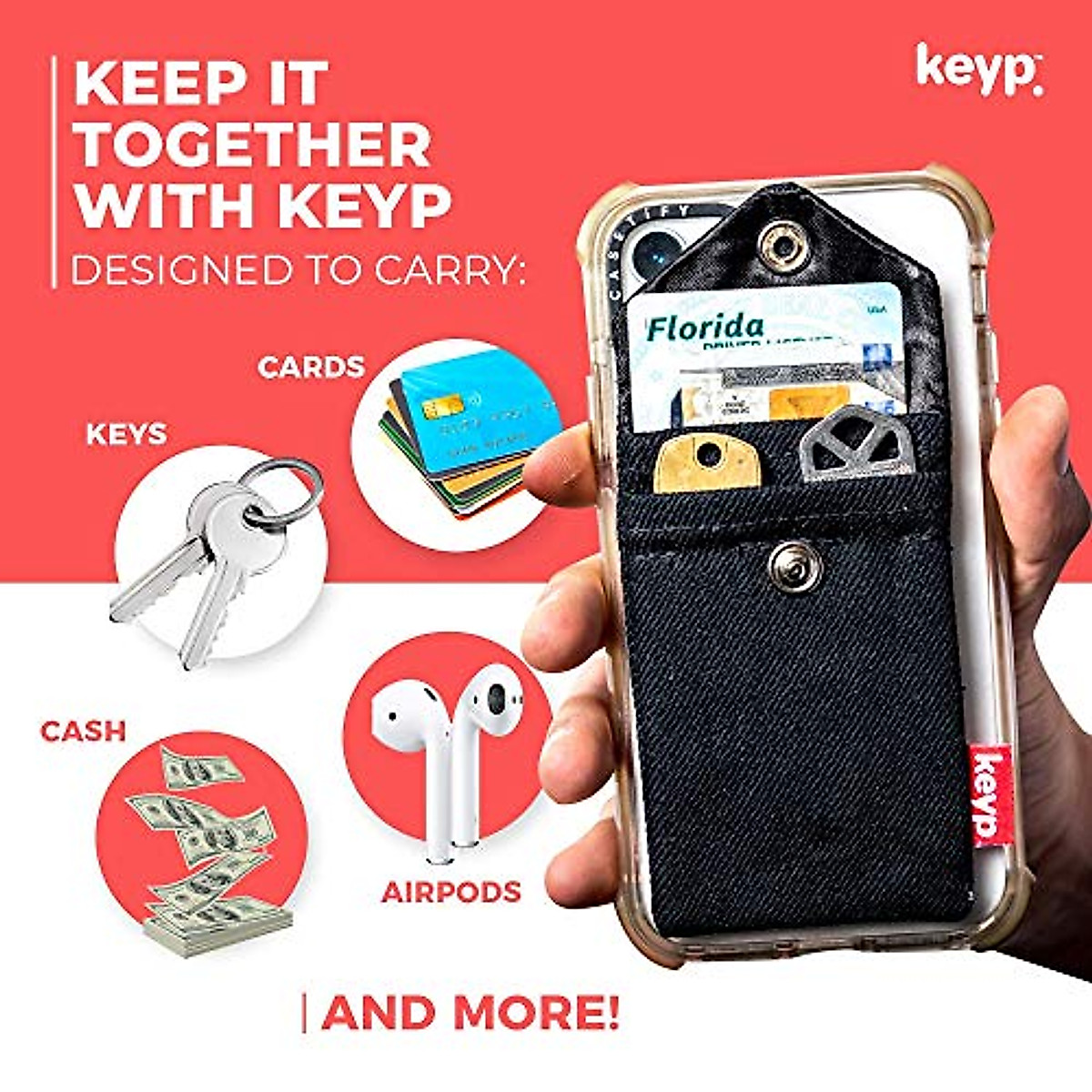 Keyp Card Holder for Back of Phone - Credit Card Holder for Cell Phone - Convenient Phone Card Holder Stick On for Keys, Cards & Cash - Stick On Wallet for Cell Phone (Blue Denim)