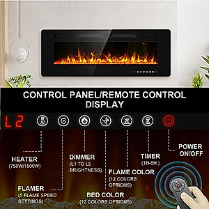 BREEZEHEAT 50inch Electric Fireplace Recessed Wall Mounted-Ultra Thin Fireplace Heater for Living Room/Bedroom with 2 Heat Vents, Remote Control, Touch Screen, Adjustable Flame, 8H Timer, 750w/1500w