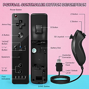 PGYFDAL Wii Controller 2 Pack, Wii Remote Controller and Nunchuck Joystick with Silicone Case and Wrist Strap for Holiday (Black and Pink)
