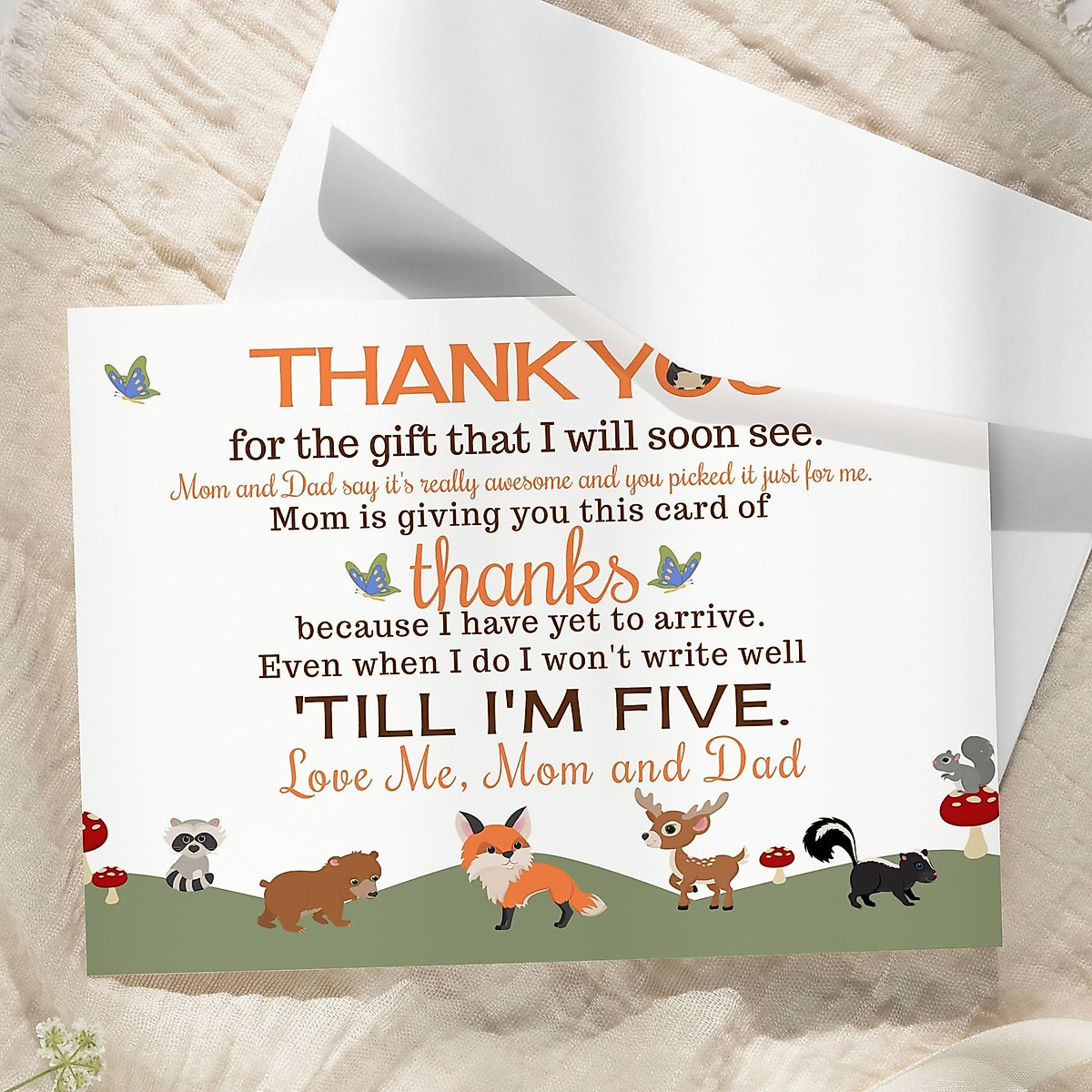 Woodland Baby Shower Thank You Cards and Envelopes – 25 Pack, Rustic Forest Animals Orange Notes Set, Prefilled Message, Customizable Blank Stationery, Gender Neutral, New Parents Gift Ideas
