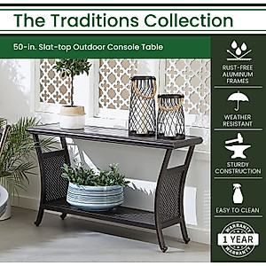 Hanover Traditions Outdoor Patio 50" Slat Top Console Table, 2 Shelf, Brushed Bronze Finish, Rust-Resistant, All-Weather